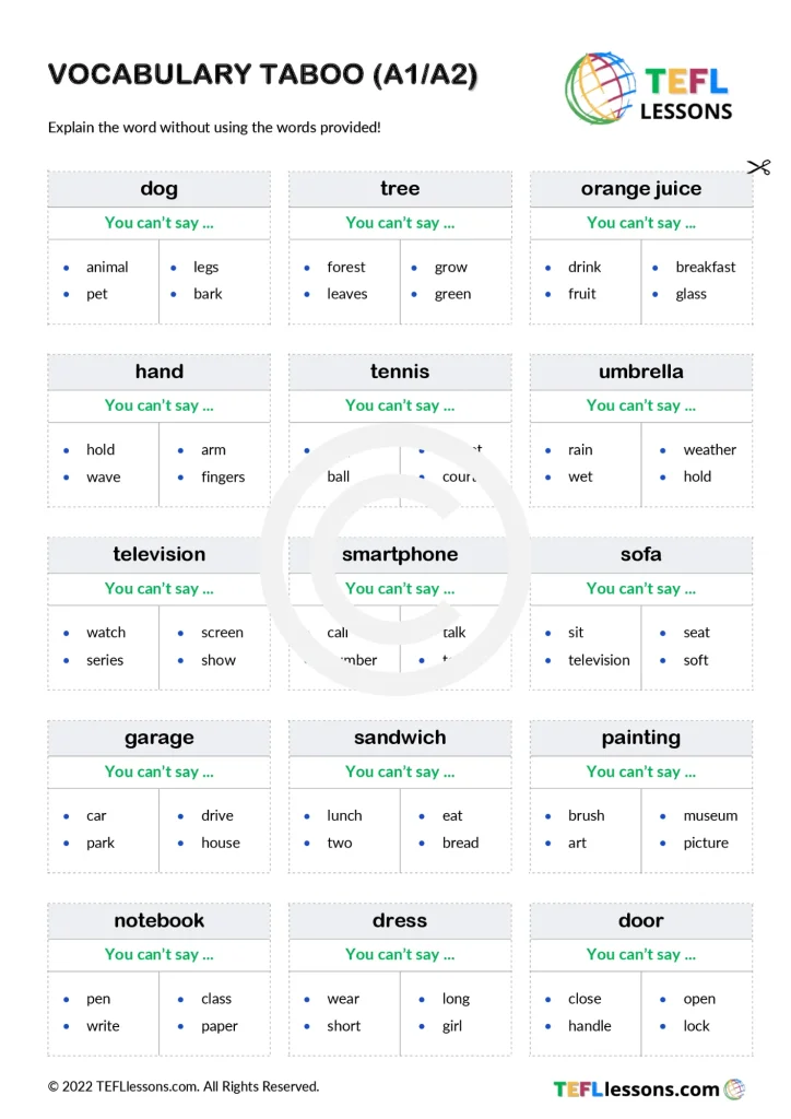 Taboo Vocabulary Game - TEFL Lessons - tefllessons.com | ESL