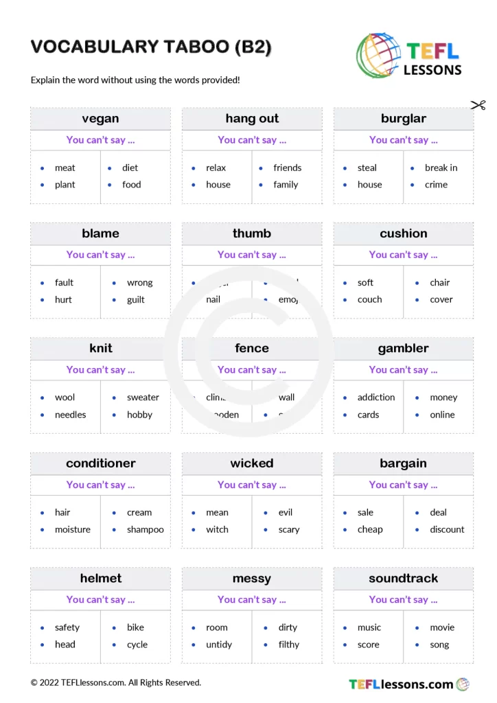 Taboo Vocabulary Game - TEFL Lessons - tefllessons.com | ESL