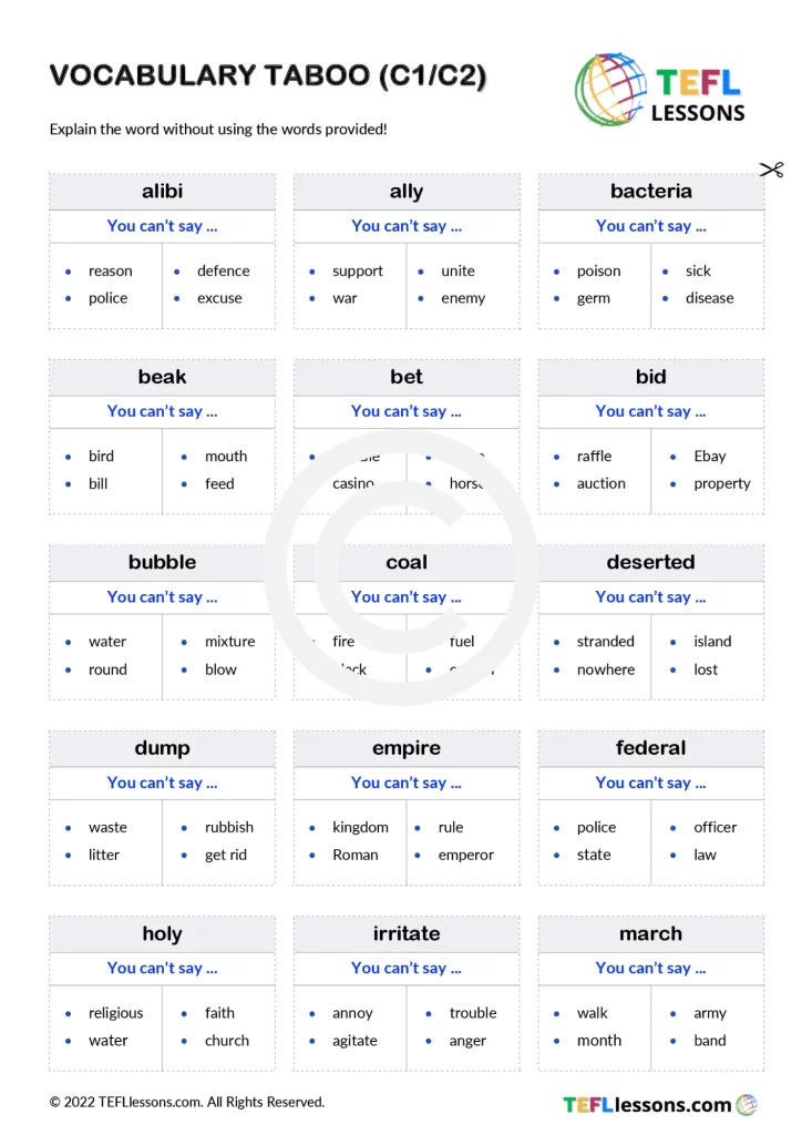 Taboo Vocabulary Game - TEFL Lessons - tefllessons.com | ESL