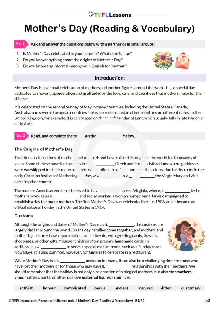 Free Mothers Day ESL Lesson | Reading & Vocabulary (B1/B2) - TEFL ...