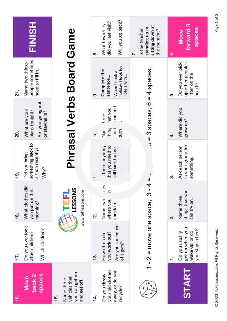Phrasal Verbs Board Game - TEFL Lessons - tefllessons.com | ESL worksheets
