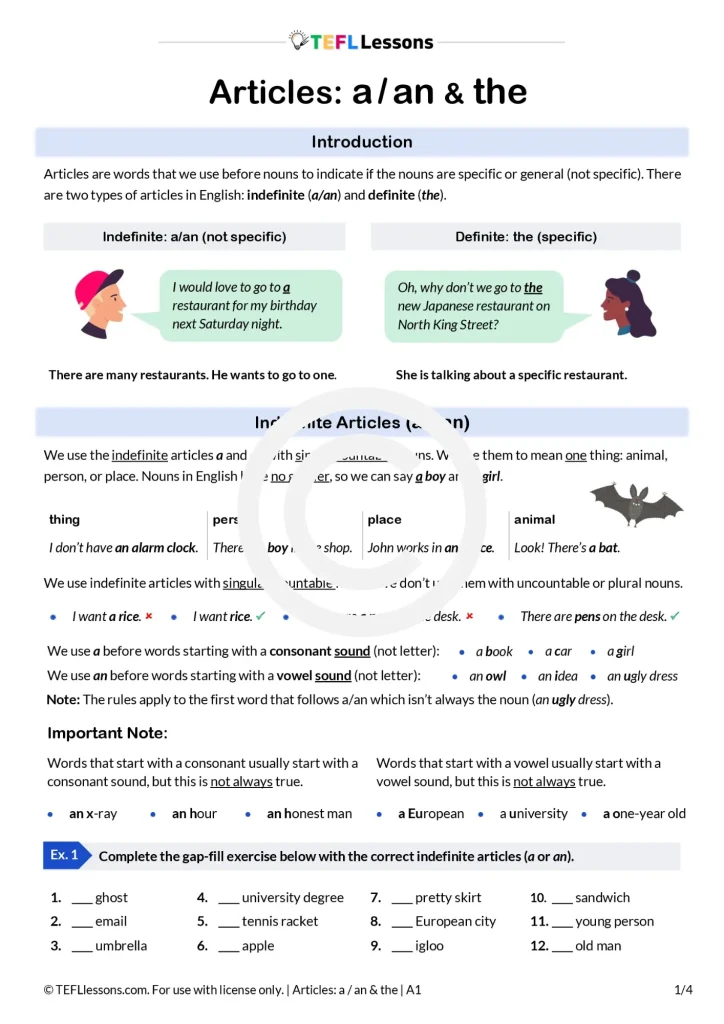 Articles Grammar Lesson | TEFL Lessons - tefllessons.com | ESL ...