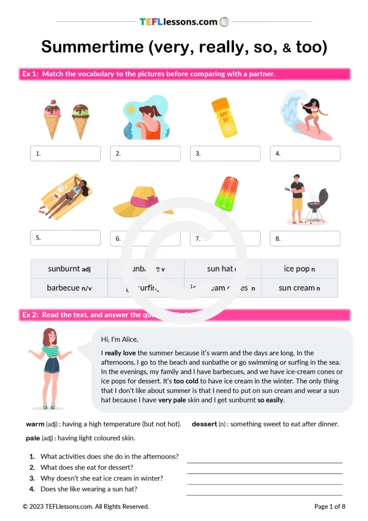 Intensifiers( very, really, so & too) | TEFL Lessons | ESL worksheets