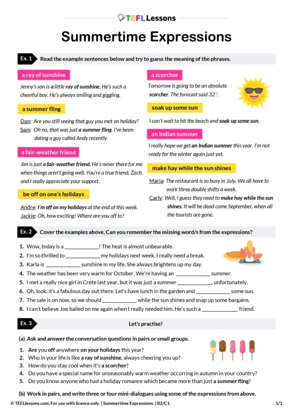 Summer Idioms ESL Lesson | Free Summertime Expressions Worksheet | TEFL ...