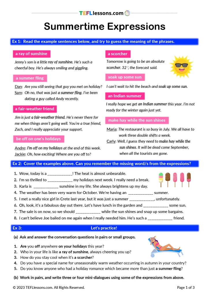 Summertime Expressions | TEFL Lessons - tefllessons.com | Free ESL ...