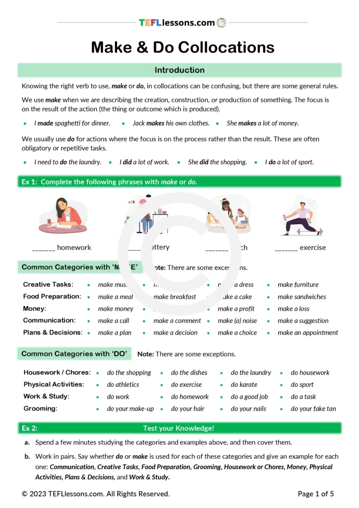 Make & Do Collocations - TEFL Lessons - tefllessons.com | ESL Teaching Resources