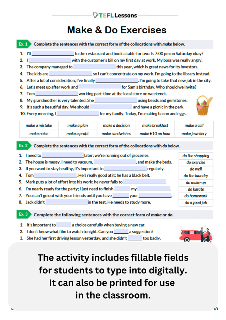Free Make and Do Exercises – ESL Worksheet PDF - TEFL Lessons