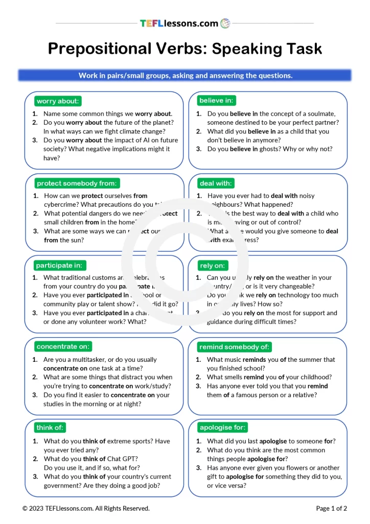 Prepositional Verbs Speaking Task - TEFL Lessons - tefllessons.com ...