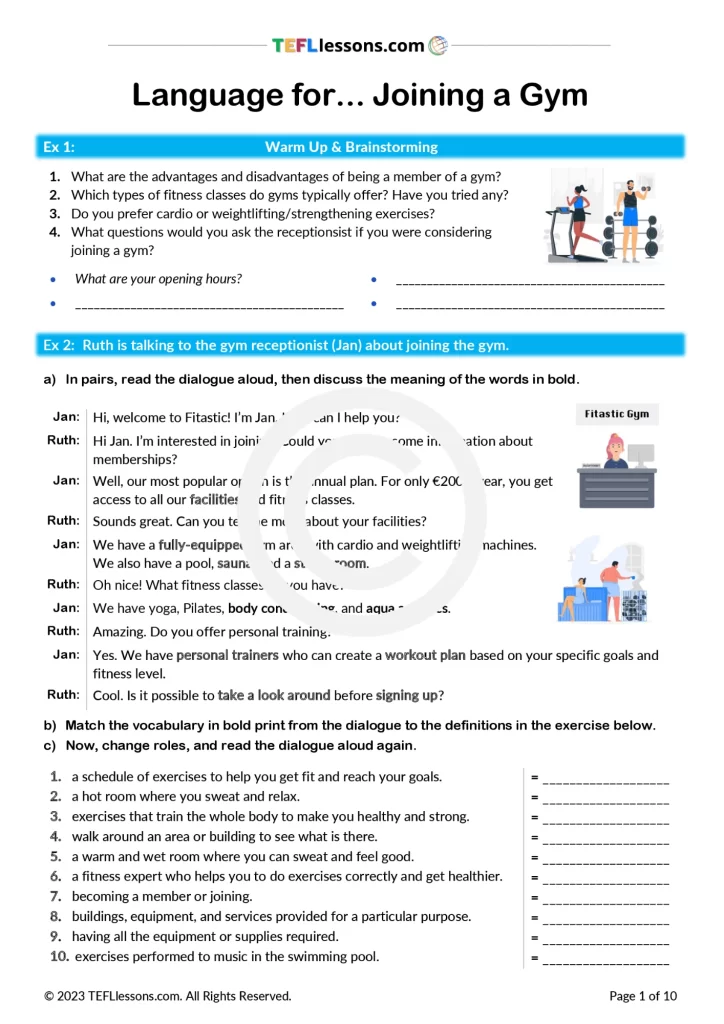 Language for... Joining a Gym - TEFL Lessons | ESL task