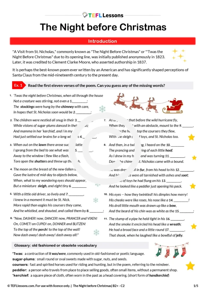 The Night Before Christmas ESL Lesson | Advanced Listening & Reading ...