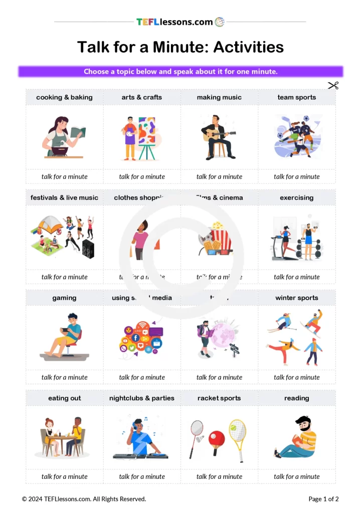 Talk for a Minute: Activities - TEFL Lessons - tefllessons.com | ESL worksheets