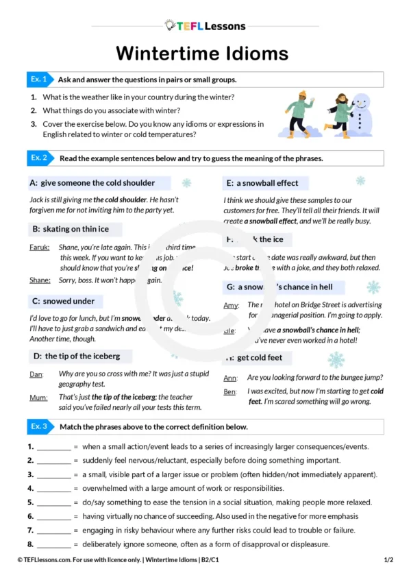 Winter Idioms and Phrases – ESL Worksheet - TEFL Lessons | ESL Lesson ...