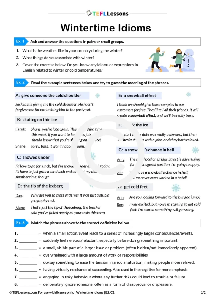 Winter Idioms and Phrases – ESL Worksheet - TEFL Lessons | ESL Lesson ...