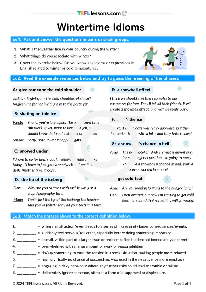 Winter Idioms - TEFL Lessons - tefllessons.com | ESL Lesson Plans and ...