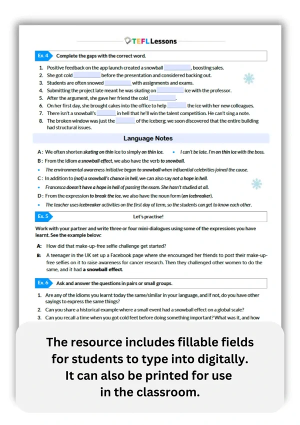 Winter Idioms and Phrases – ESL Worksheet - TEFL Lessons | ESL Lesson ...