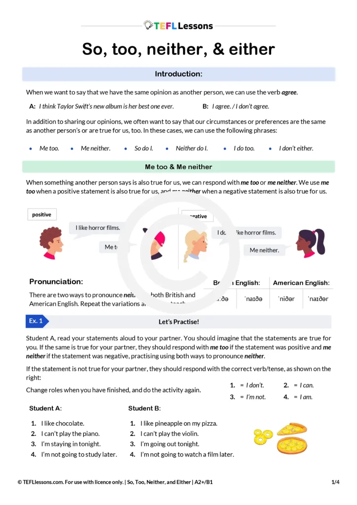 So Do I and Neither Do I Lesson – ESL Agreement Expressions - TEFL ...