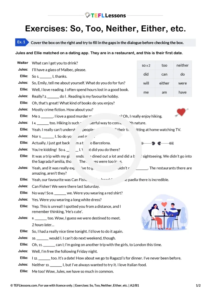 So Too Neither Either Exercises – ESL Agreement Practice Worksheet ...