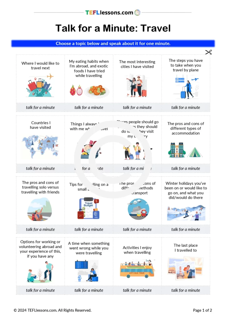 Talk for a Minute: Travel - TEFL Lessons - tefllessons.com | ESL worksheets