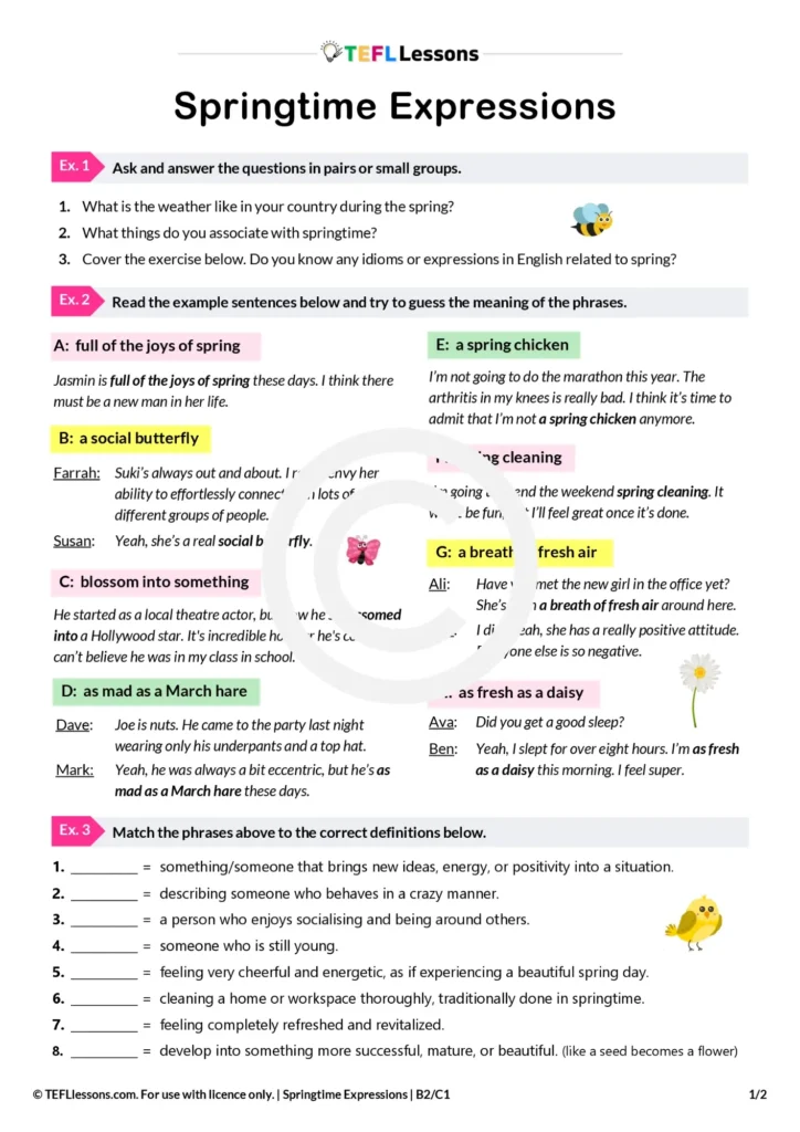 Spring Idioms ESL Lesson | B2/C1 Speaking & Vocabulary - TEFL Lessons ...