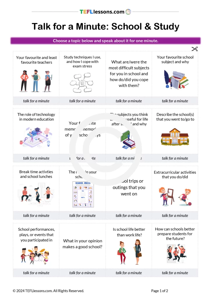 Talk for a Minute: School and Study - TEFL Lessons - tefllessons.com | ESL worksheets