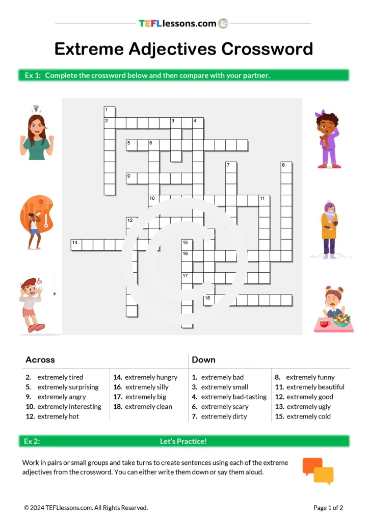 Extreme Adjectives Crossword - TEFL Lessons | ESL Lesson Plans and ...