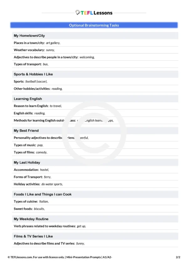 ESL Presentation Activity – Mini Presentation Task for A1 to A2 Levels ...
