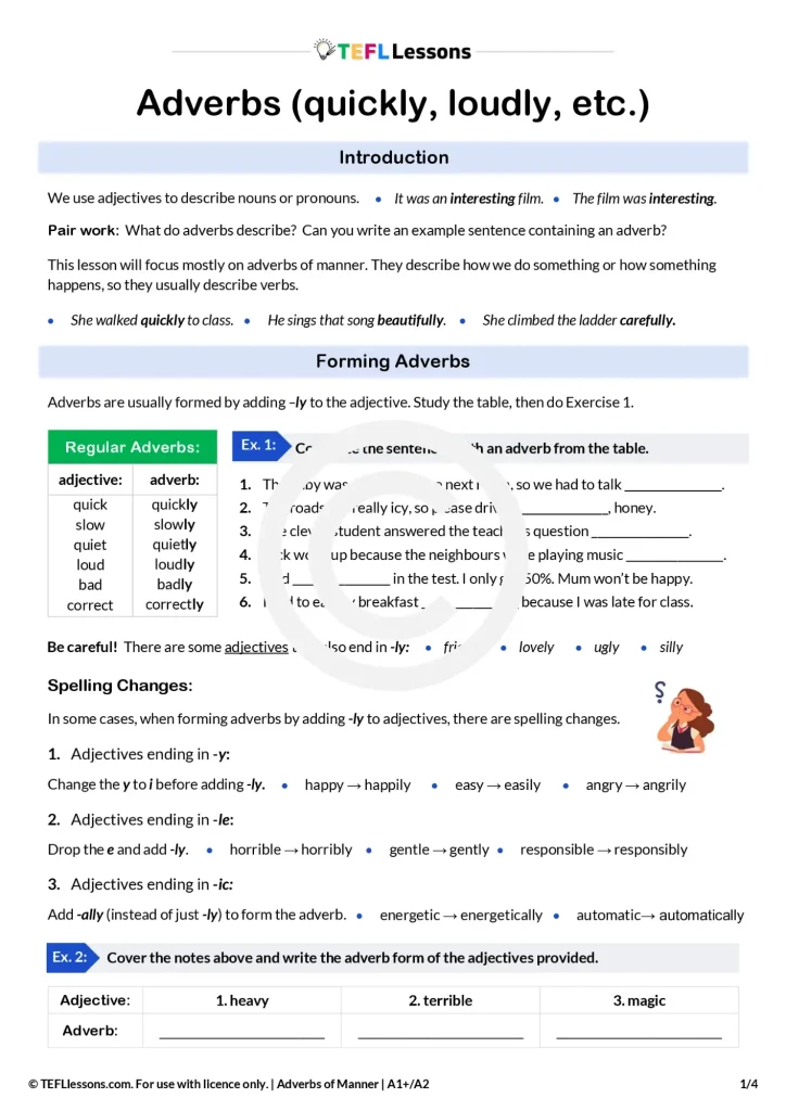 Adverbs of Manner Lesson Plan - TEFL Lessons - tefllessons.com | ESL ...