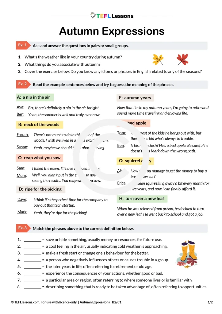 Autumn Expressions ESL – Idioms Worksheet & Speaking Lesson - TEFL ...