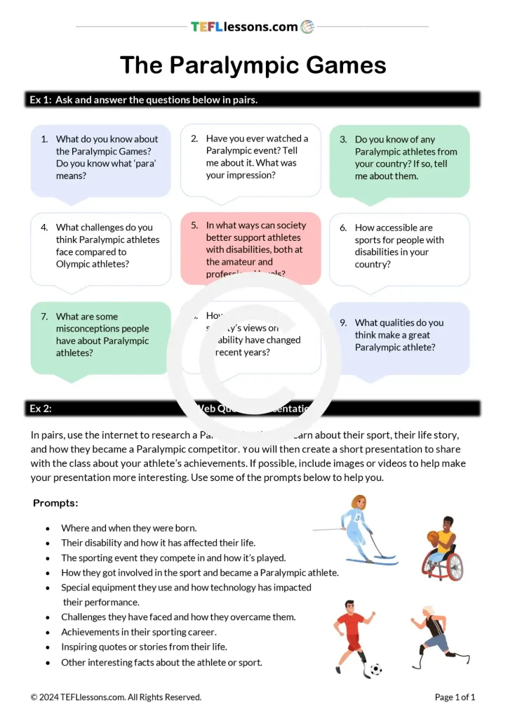 Paralympic Games ESL Activity - TEFL Lessons - tefllessons.com | ESL ...