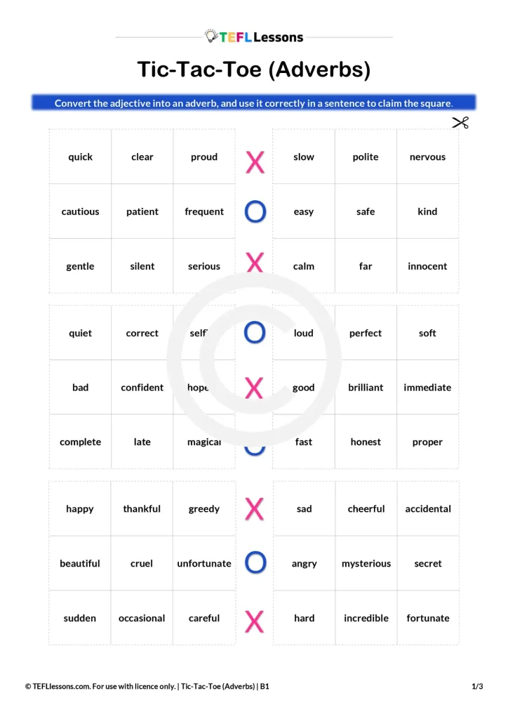 Fun Adverbs ESL Game – Tic-Tac-Toe with 54 Adjectives - TEFL Lessons ...