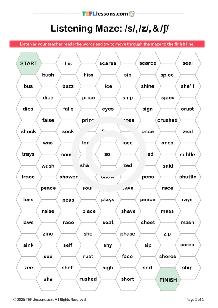 Pronunciation Maze: /s/, /z/, & /ʃ/| - TEFL Lessons | ESL Activity