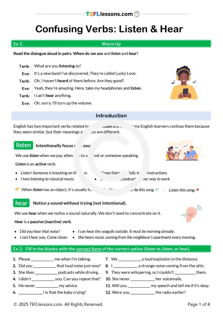 Confusing Verbs: Listen and Hear - TEFL Lessons | ESL Resources