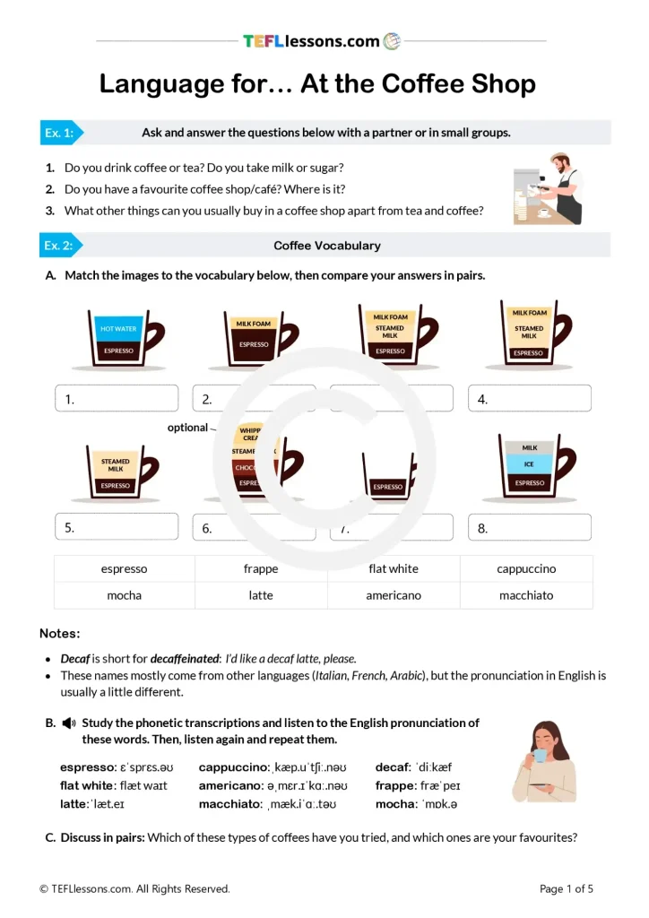 At the Coffee Shop ESL Lesson Plan - TEFL Lessons - tefllessons.com ...