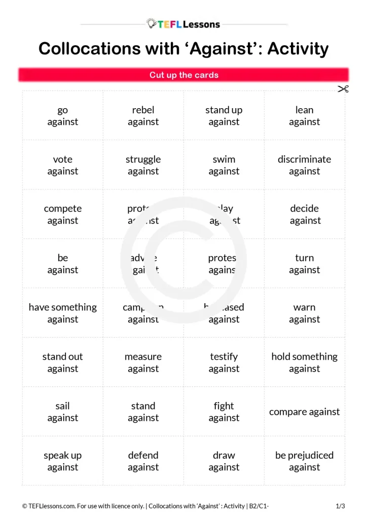 Collocations with Against Activity - TEFL Lessons - tefllessons.com - ESL
