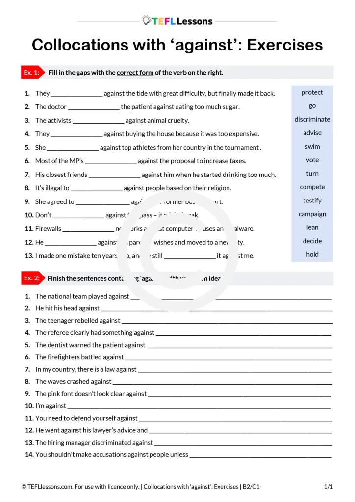 Collocations with Against Exercises - TEFL Lessons - ESL Worksheet