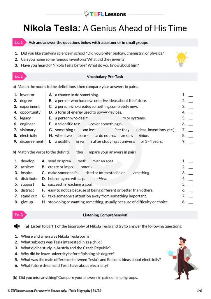 ESL Biography Lesson Plan - Reading & Listening on Nikola Tesla - TEFL ...