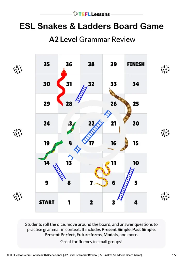 A2 Grammar Game – ESL Snakes and Ladders Board Game - TEFL Lessons ...