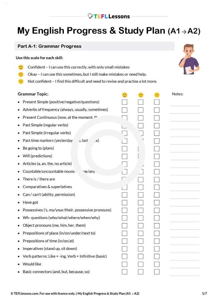 English Study Planner PDF & Progress Chart (A1–A2) - TEFL Lessons ...