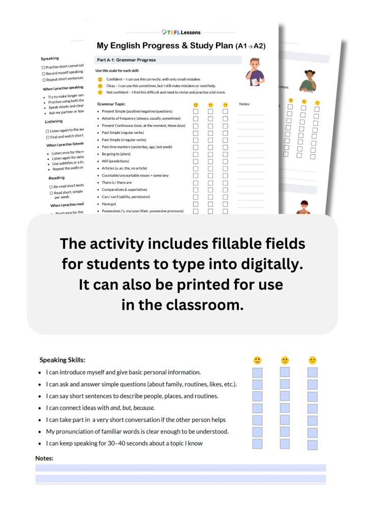 English Study Planner PDF & Progress Chart (A1–A2) - TEFL Lessons ...