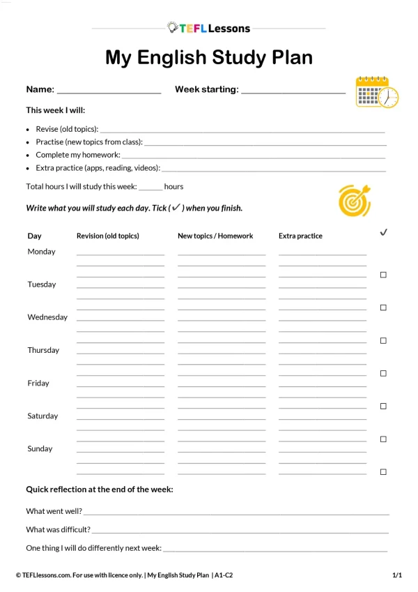 Weekly English Study Plan – Printable English Study Schedule - TEFL Lessons