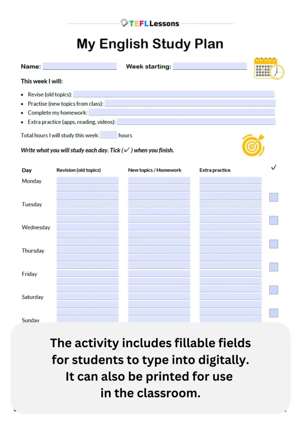 Weekly English Study Plan – Printable English Study Schedule - TEFL Lessons