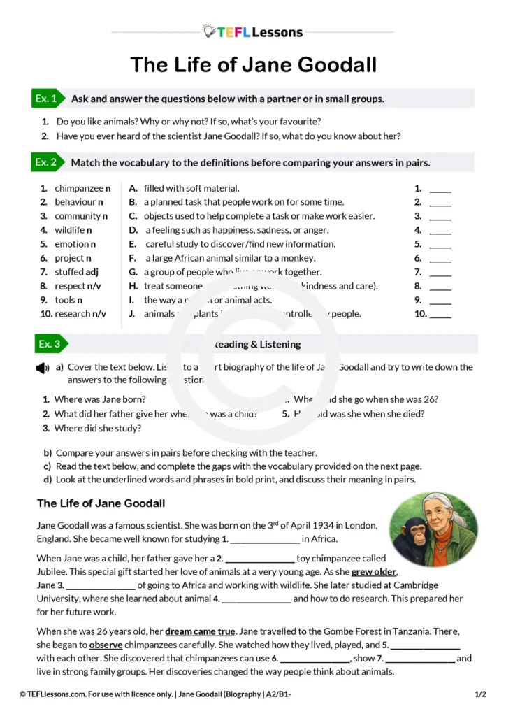 Jane Goodall ESL Lesson – Reading, Listening & Worksheets (A2/B1 ...