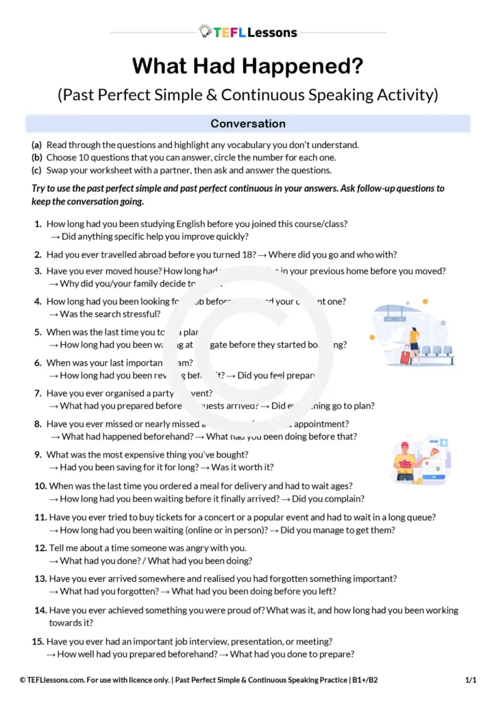 Past Perfect Continuous Questions – ESL Speaking Activity | TEFL Lessons