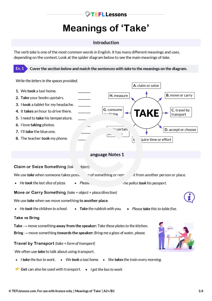 Collocations with Take ESL Lesson | Meanings of the Verb Take | TEFL ...