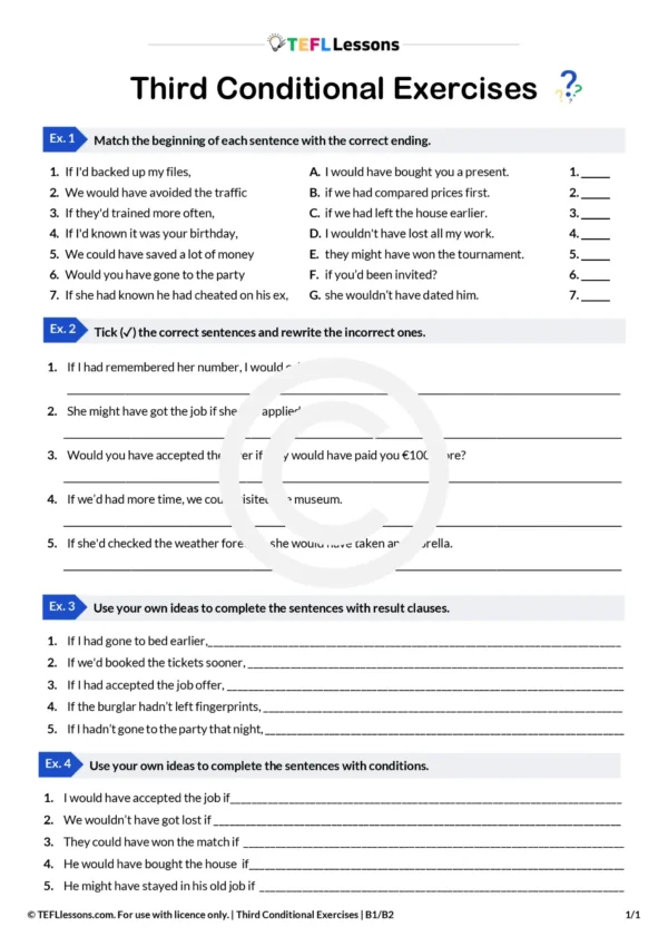 Third Conditional Exercises | PDF Worksheet with Answers | TEFL Lessons